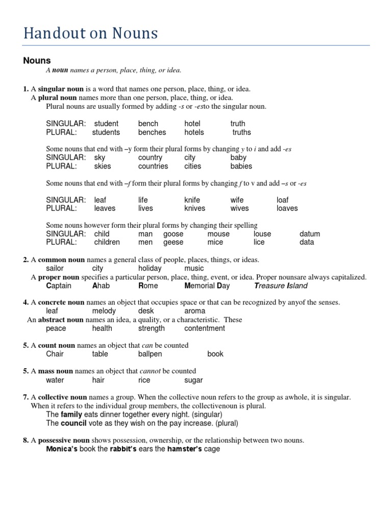 Handout On Nouns | PDF | Grammatical Number | Plural