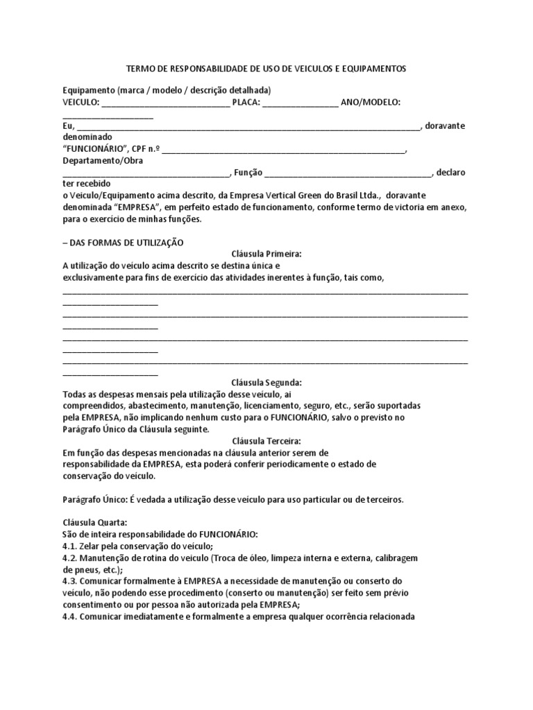 Termo De Responsabilidade De Uso De Veiculos E Equipamentos Pdf