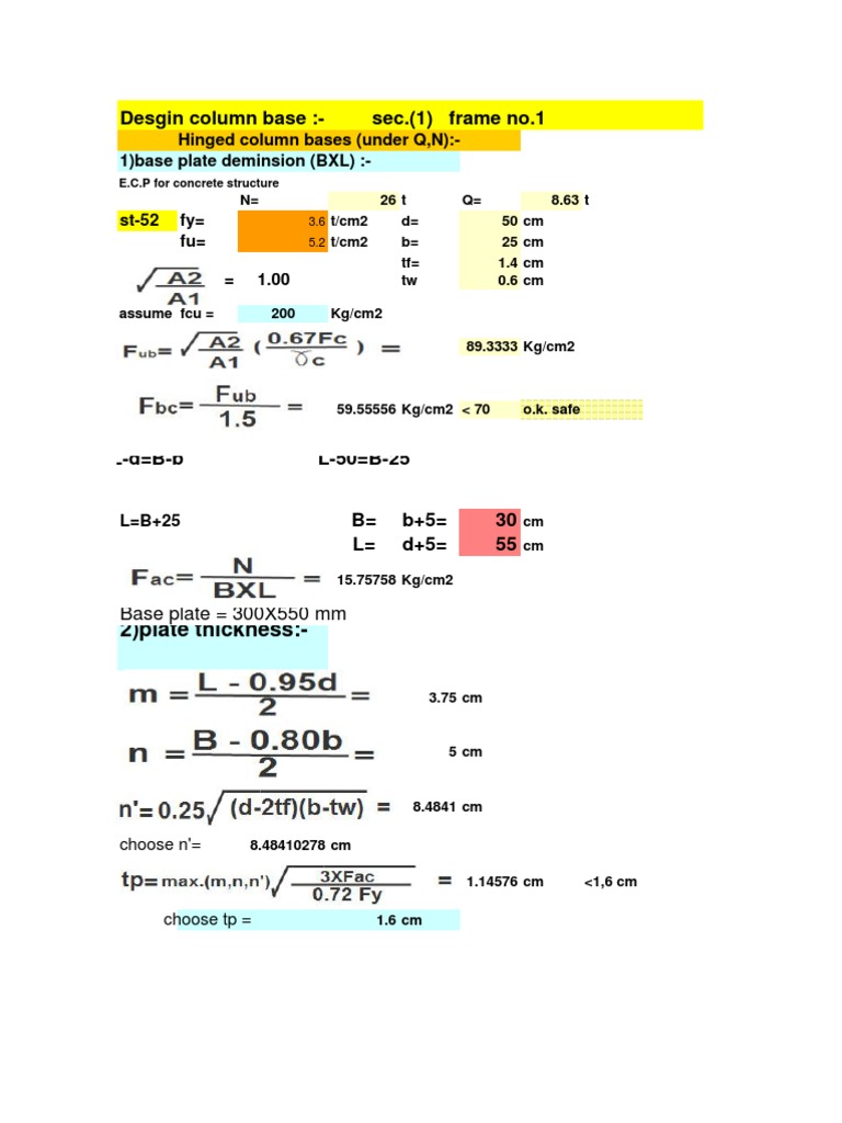 Desgin Column Base:-Sec. (1) Frame No.1: Hinged Column Bases (Under Q ...