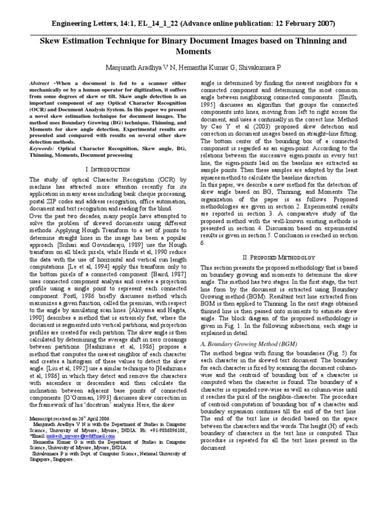 Skew Estimation Technique For Binary Document Images Based On Thinning And Moments Pdf