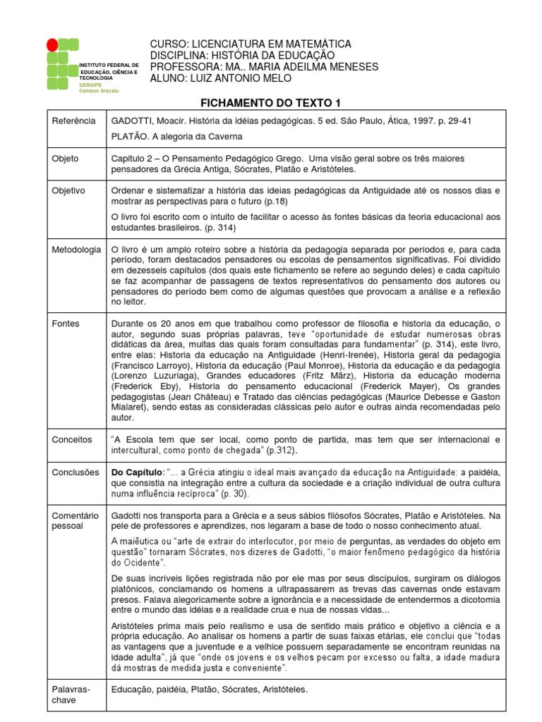 Fichamento Texto 1 | Pedagogia | Platão