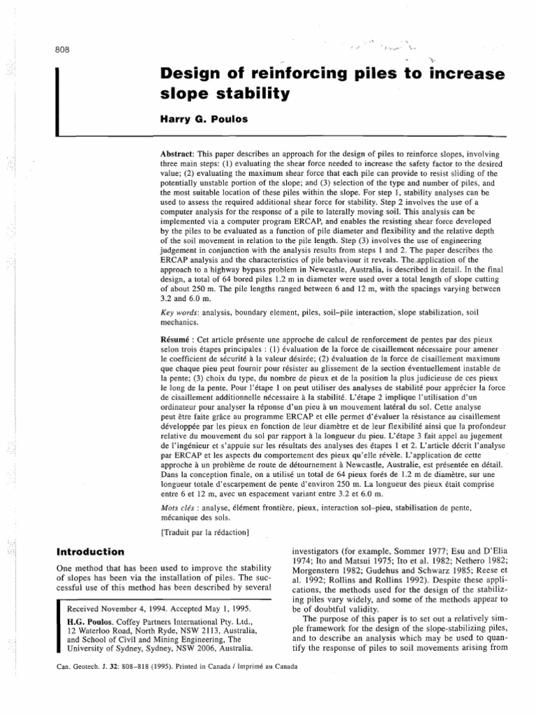 Design of Reinforcing Piles To Increase Slope Stability (H.G.poulos ...