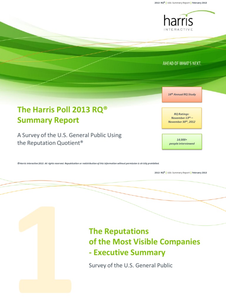 The Harris Poll 2013 RQ® Summary Report | PDF | Reputation | Chase Bank