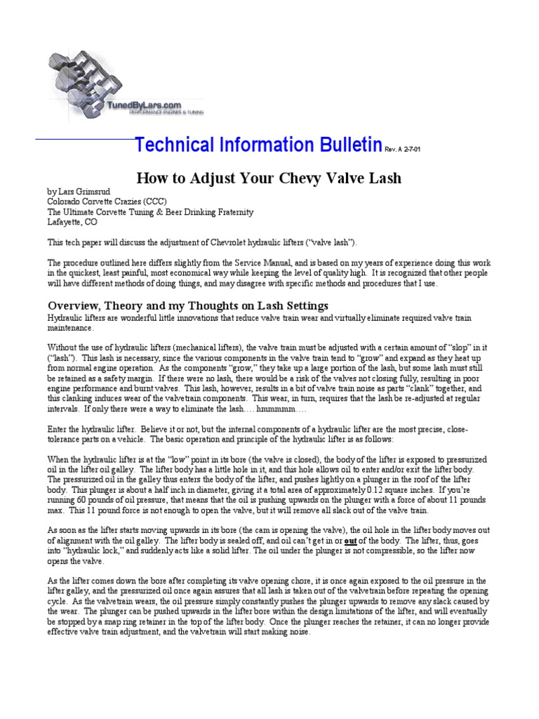 Adjusting Chevy Valve Lash Guide | PDF | Engines | Engine Technology
