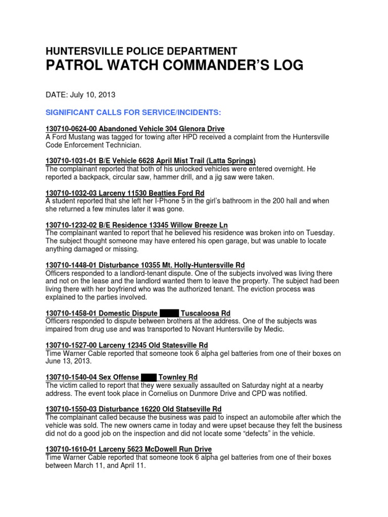 Patrol Watch Commander’S Log: Huntersville Police Department | Violence ...