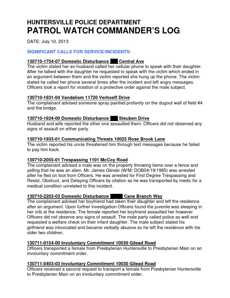 Patrol Watch Commander'S Log: Huntersville Police Department | PDF