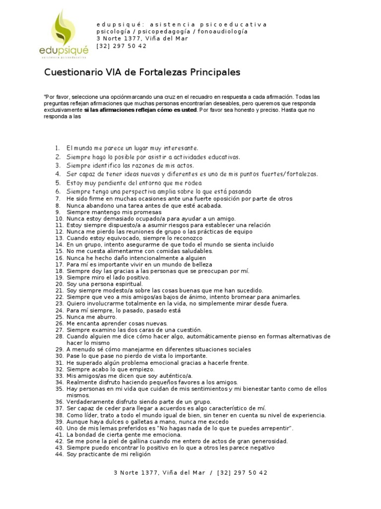 Cuestionario Via de Fortalezas Principales | PDF | Toma de decisiones ...