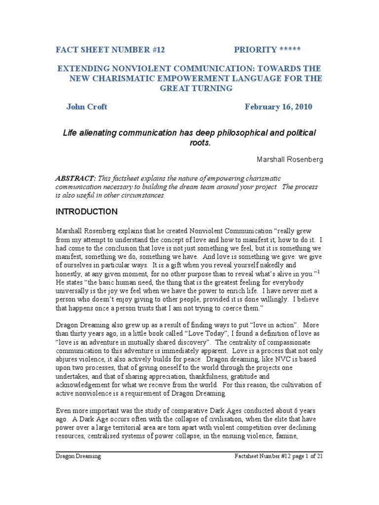 Fact Sheet Number #12 Beyond Nonviolent Communication | PDF | Charisma ...
