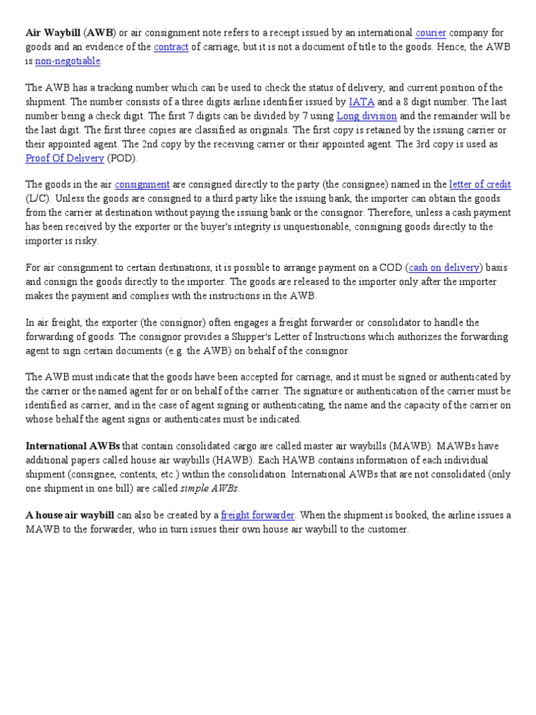 Air Waybill (AWB) or Air Consignment Note Refers To A Receipt Issued by ...