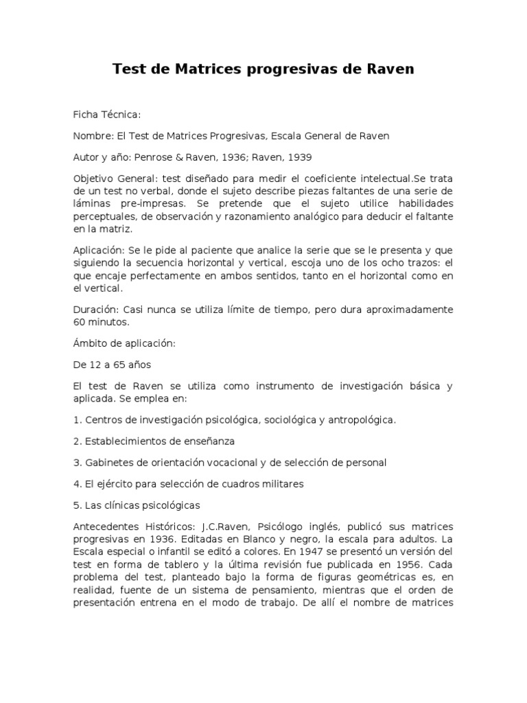 Test de Matrices Progresivas de Raven Ficha Tecnica | PDF | Matriz ...