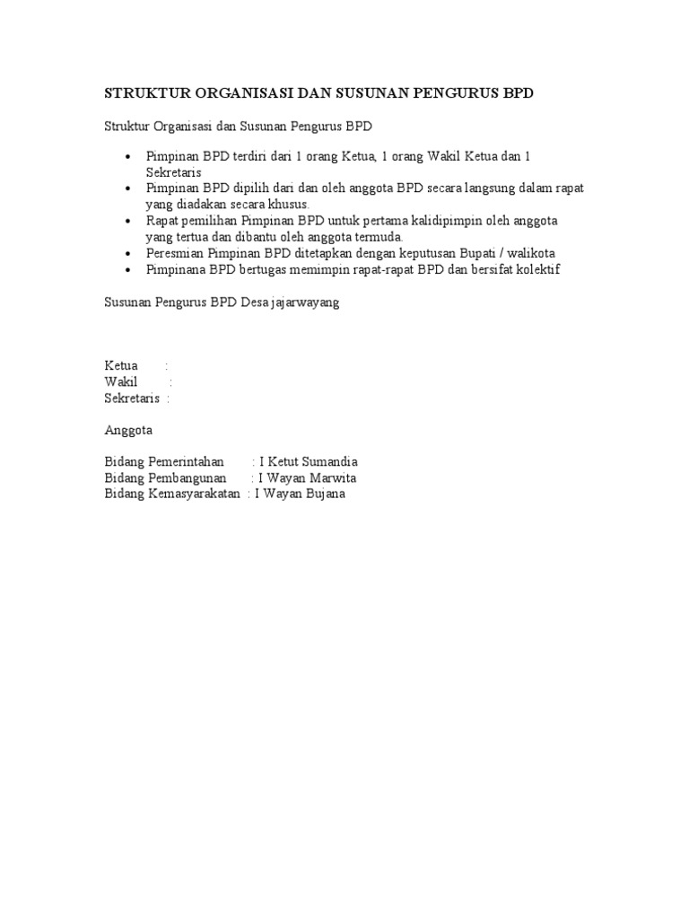 Struktur Organisasi Dan Susunan Pengurus BPD | PDF