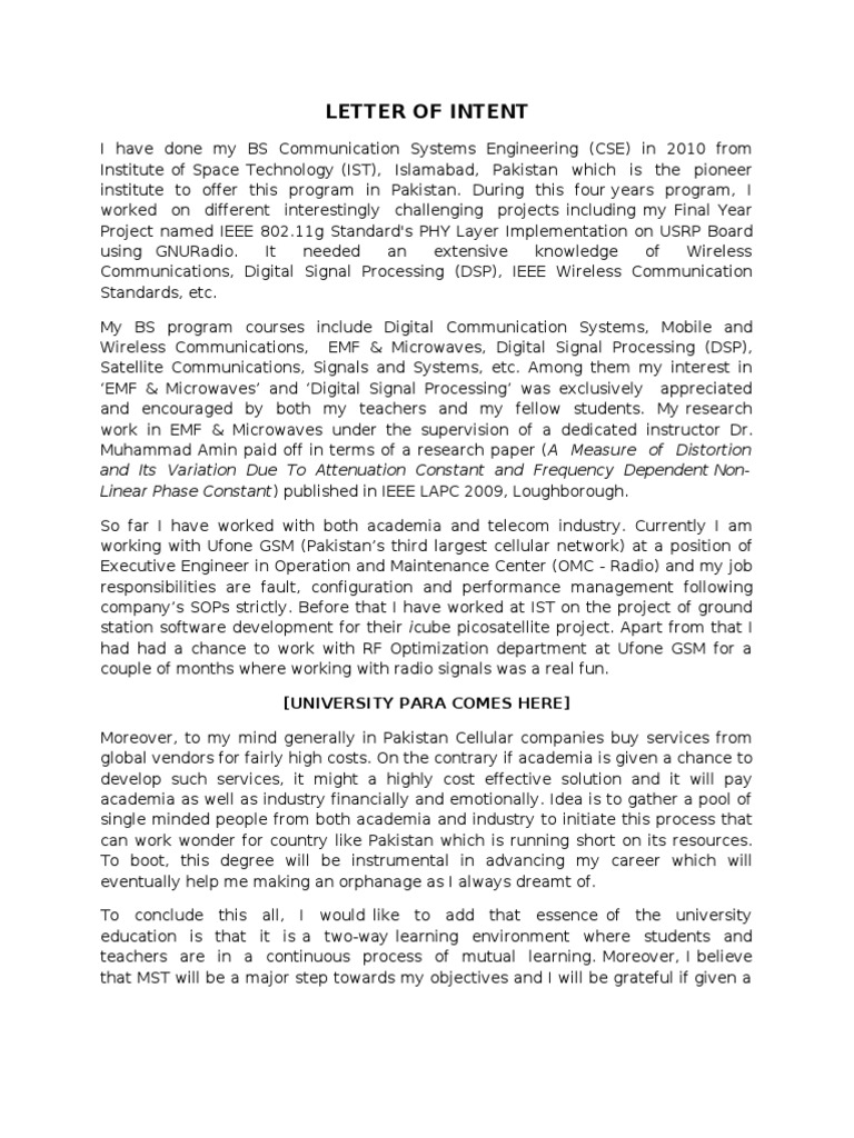 Letter of Intent | Telecommunication | Microwave