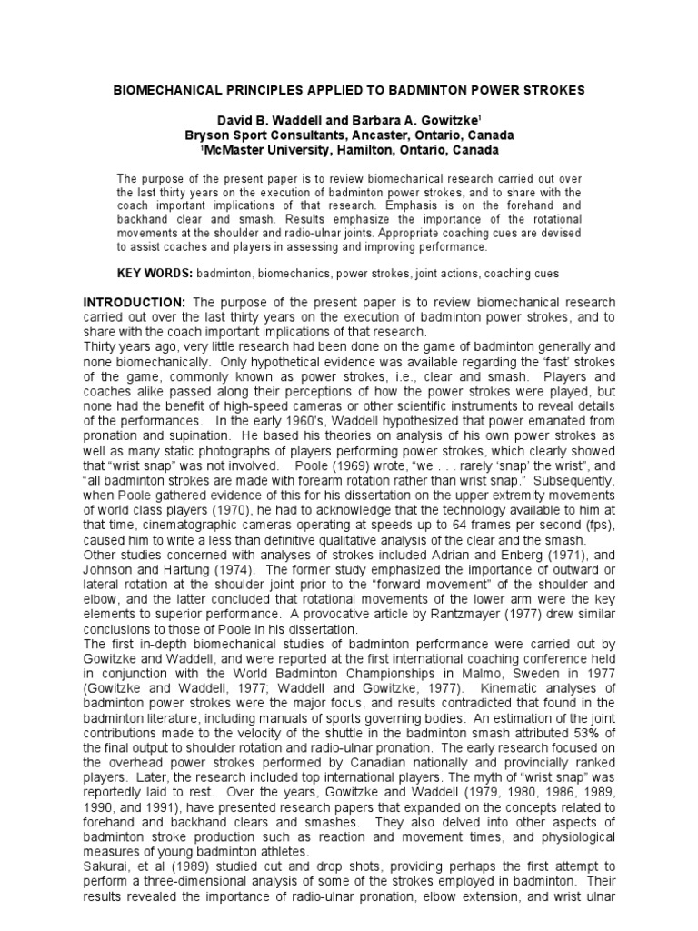 Biomechanics of Badminton Power Strokes | PDF | Anatomical Terms Of ...