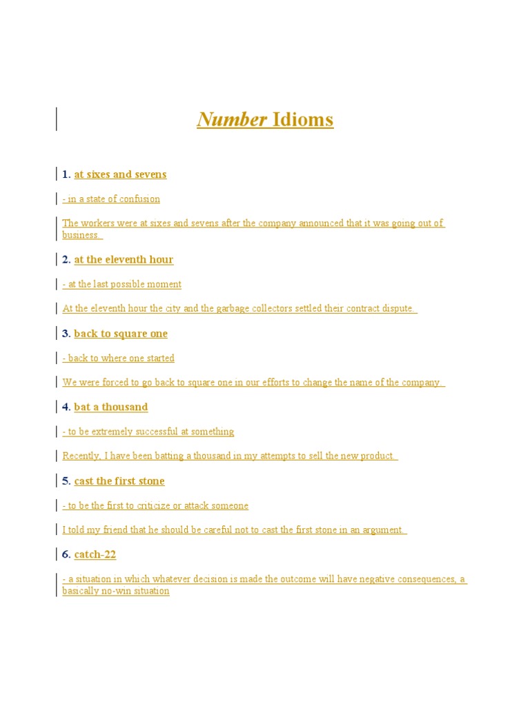 Number Idioms: at Sixes and Sevens | PDF