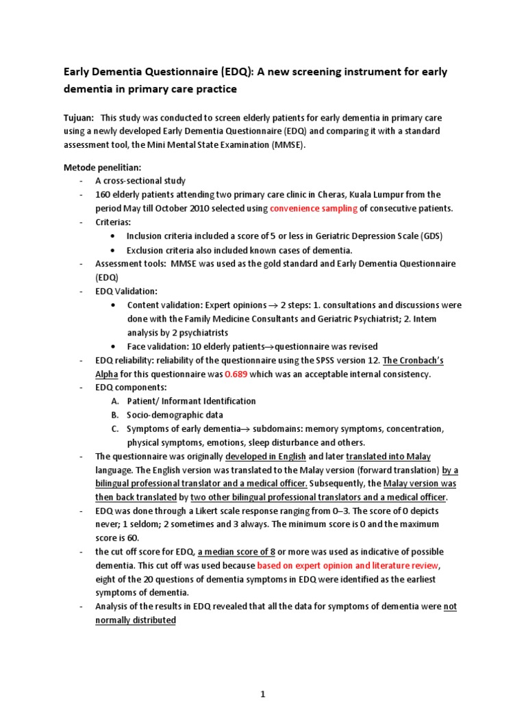 Early Dementia Questionnaire Validation | PDF | Dementia | Geriatrics