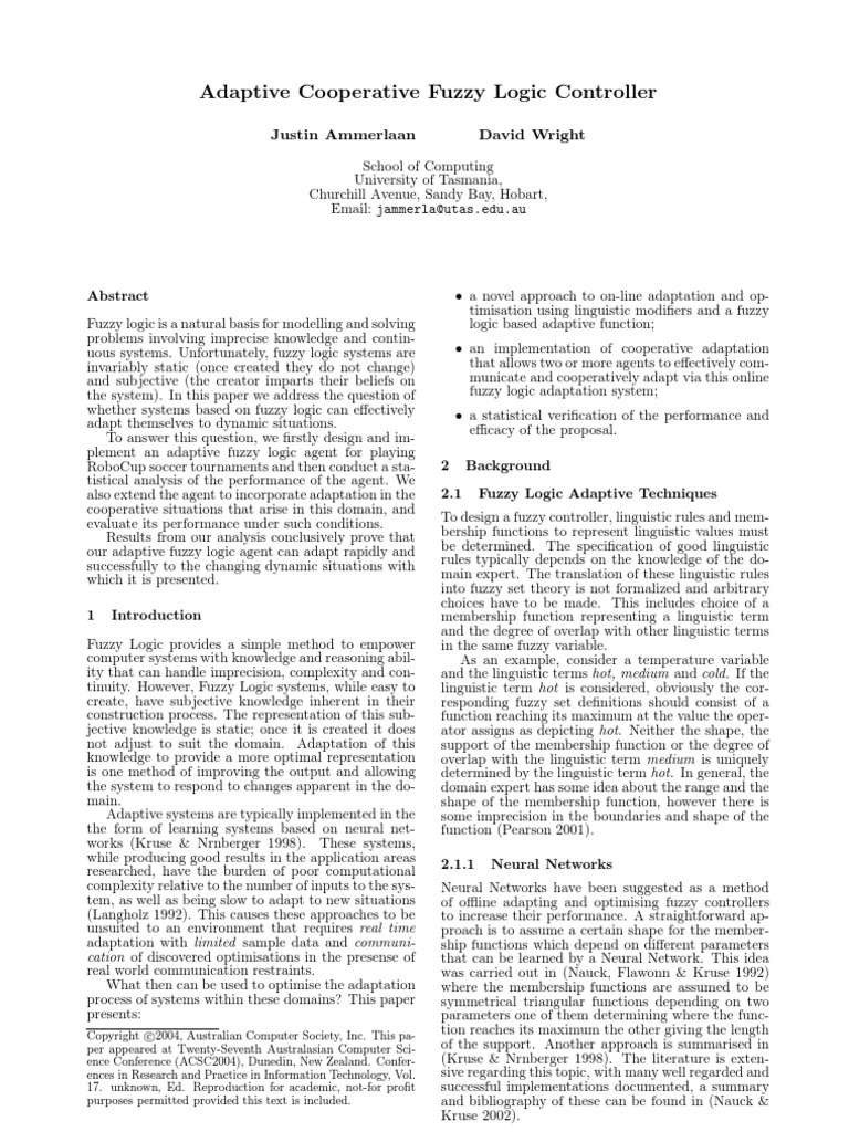 Adaptive Cooperative Fuzzy Logic Controller: Justin Ammerlaan David Wright | PDF | Fuzzy Logic ...