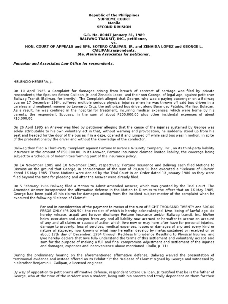 Baliwag Transit Corporation vs. Court of Appeals | PDF