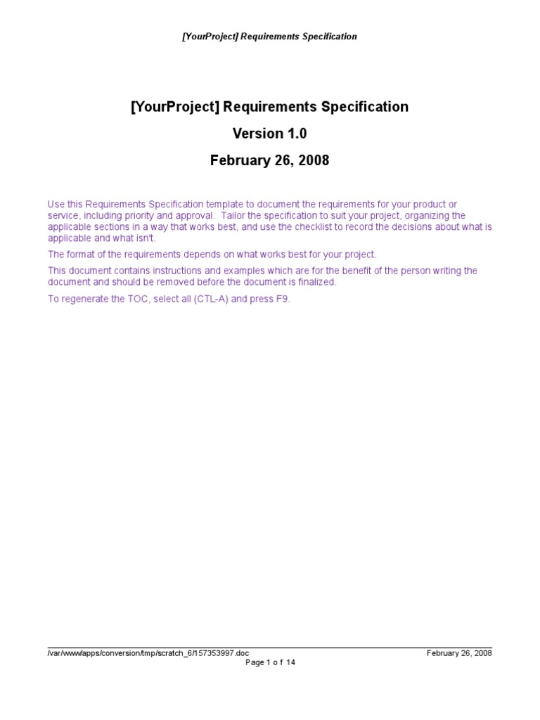 Requirements Specification Template | PDF | Specification (Technical ...
