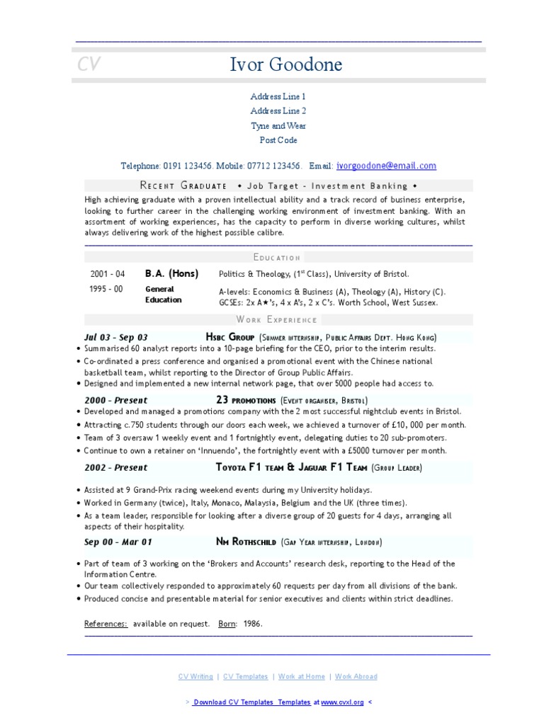 Graduate Investment Banking CV Business