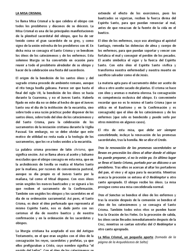 Significado de la Misa Crismal | PDF | Misa (liturgia) | Confirmación