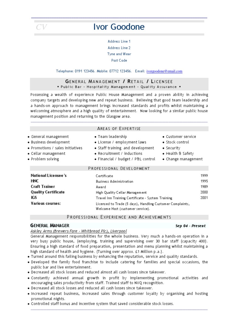 Management Pub Licensee CV | PDF | Pub | Business