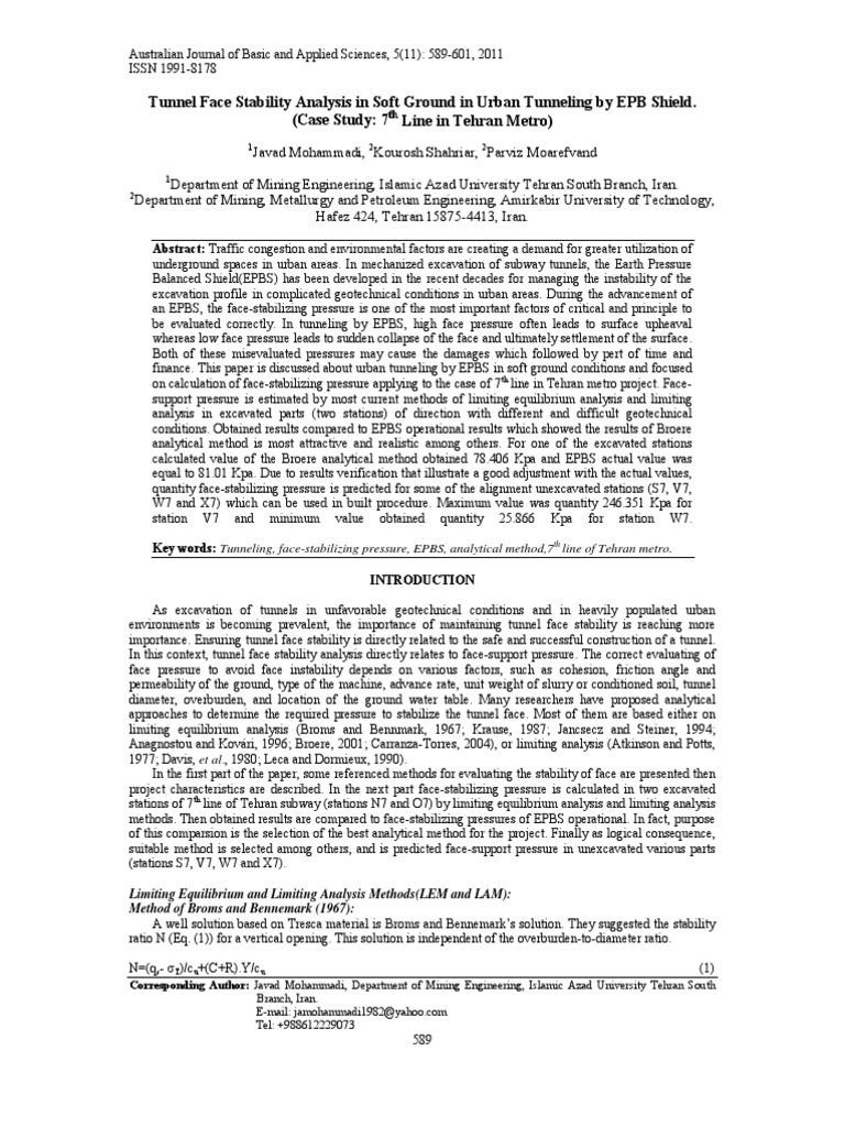 Tunnel Face Stability Analysis in Soft Ground in Urban Tunneling by EPB Shield. | PDF | Tunnel ...