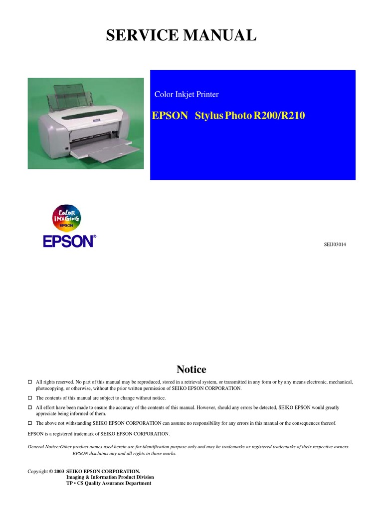 Epson Stylus Photo R200, R210 Service Manual | PDF | Printer (Computing ...