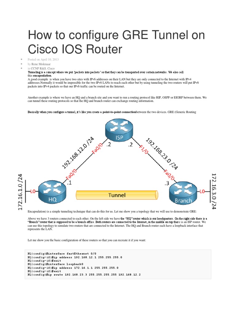 How To Configure GRE Tunnel On Cisco IOS Router | PDF | Router (Computing) | I Pv6