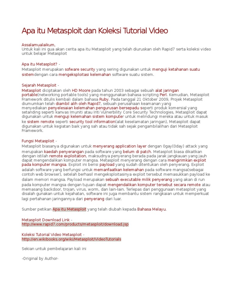 Apa Itu Metasploit Dan Koleksi Tutorial Video | PDF