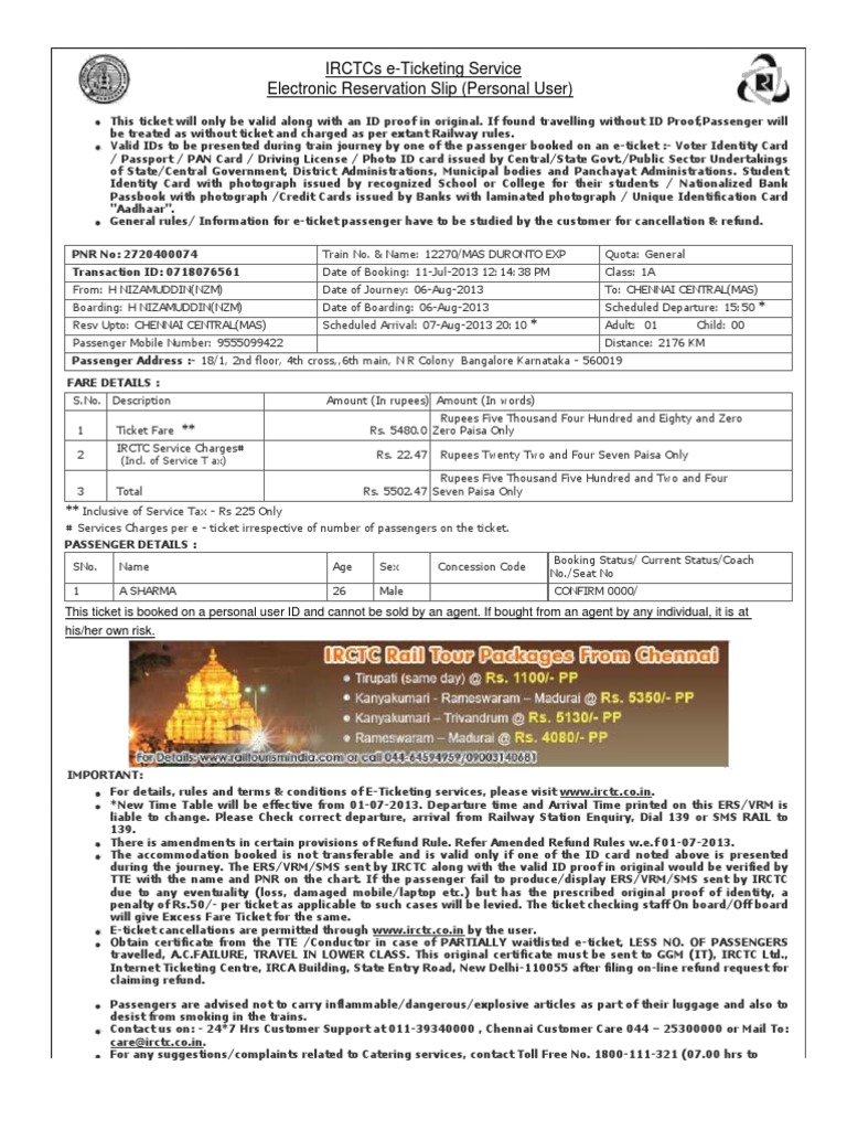 IRCTC e-Ticket Sample and Guidelines | PDF | Identity Document | Ticket ...