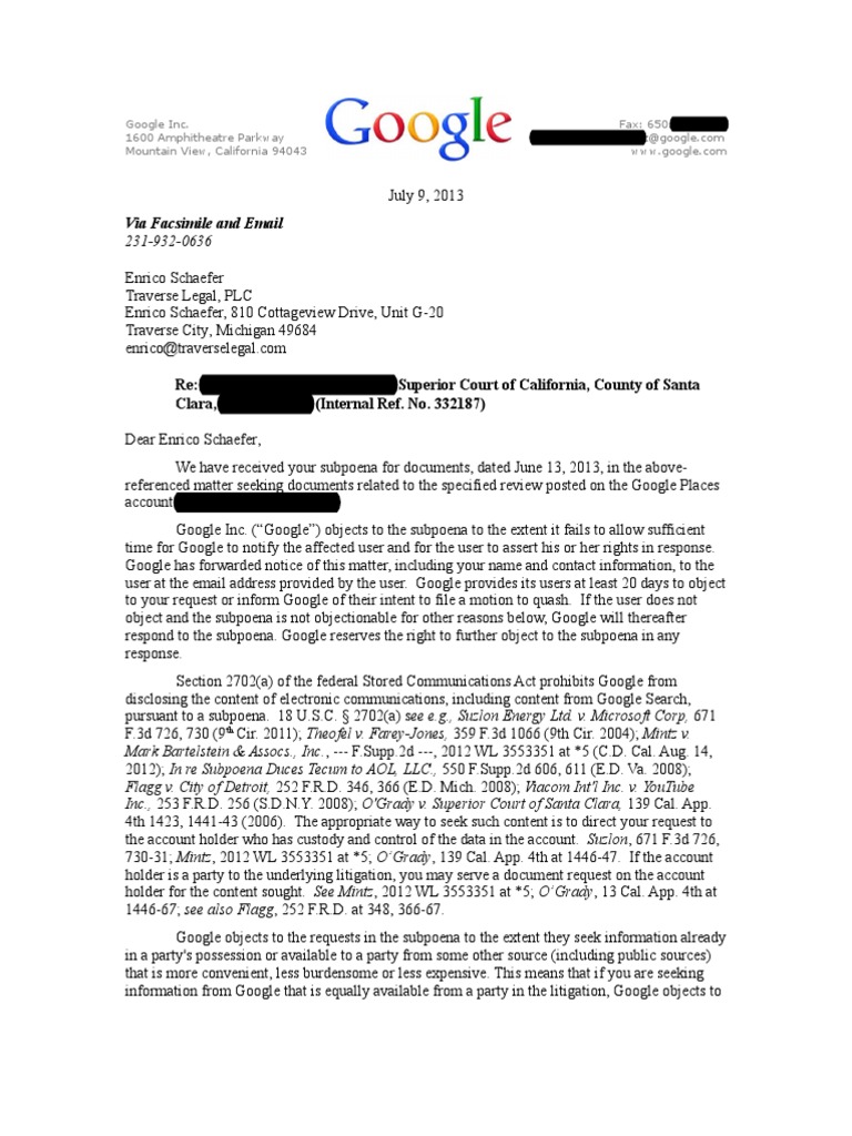 Google Subpoena Objection Letter | PDF | Discovery (Law) | Public Law