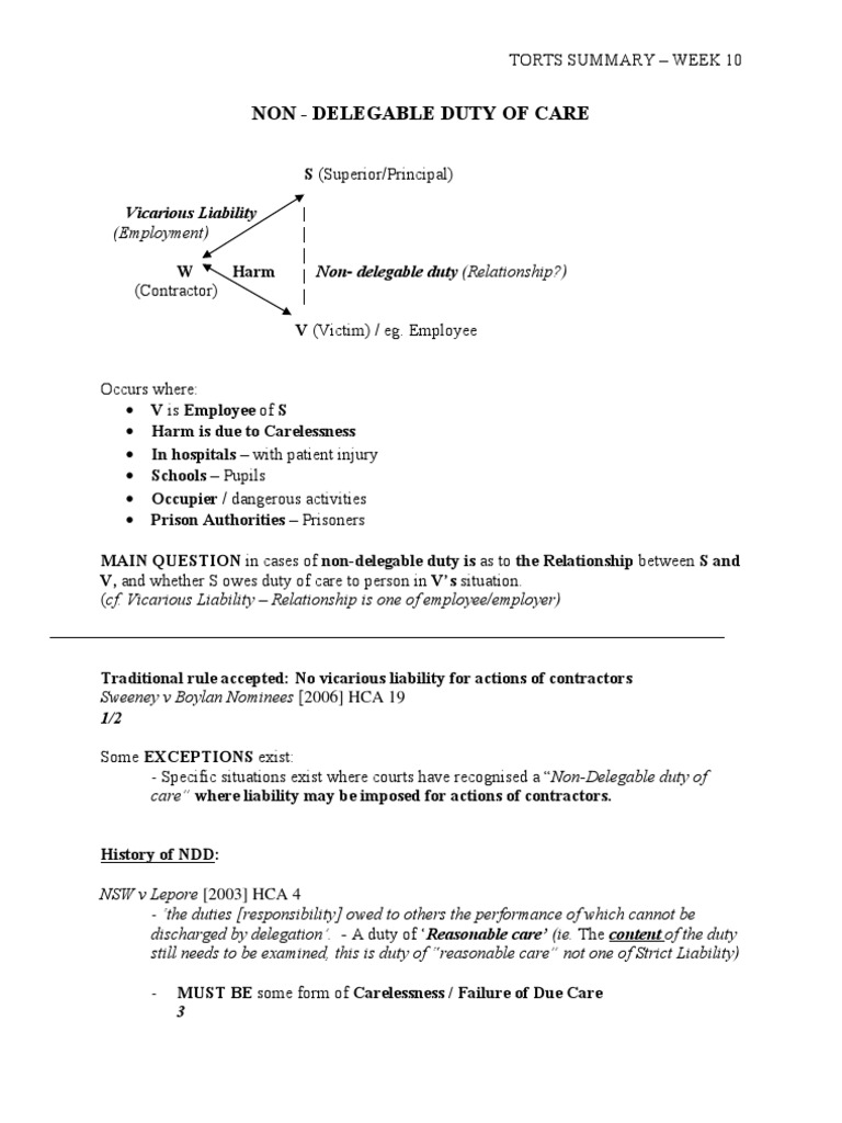 Week 10 - Non-Delegable Duty of Care | PDF | Negligence | Duty Of Care