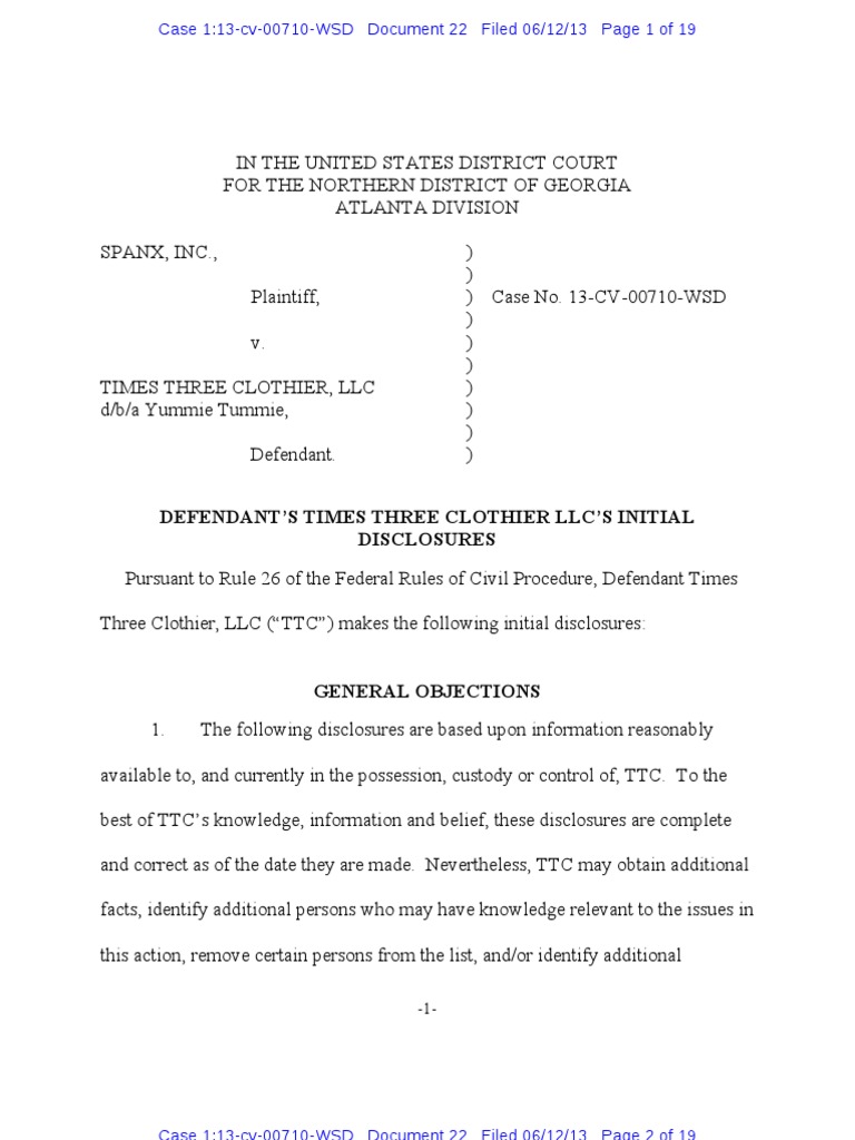 Yummie Initial Disclosures | PDF | Discovery (Law) | Federal Rules Of ...