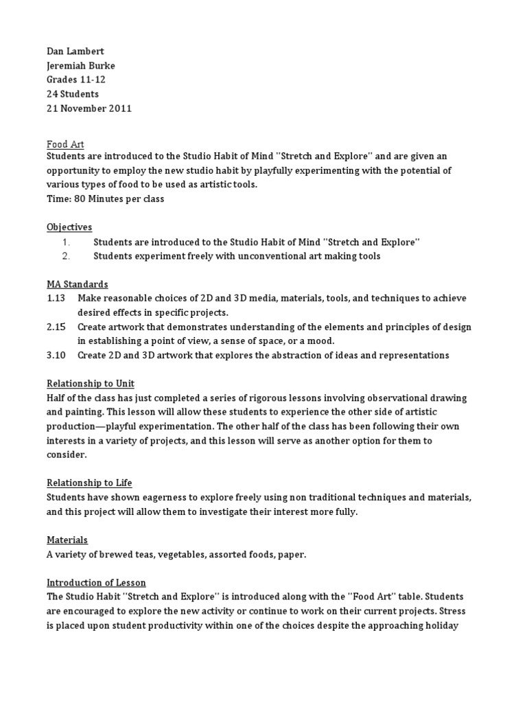 Food Art Lesson Plan | PDF | Lesson Plan | Educational Assessment