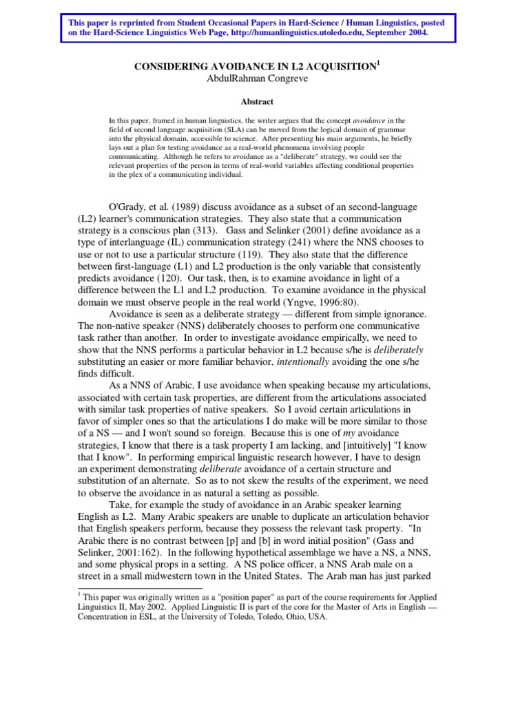 Considering Avoidance in SLA | PDF | Second Language Acquisition ...