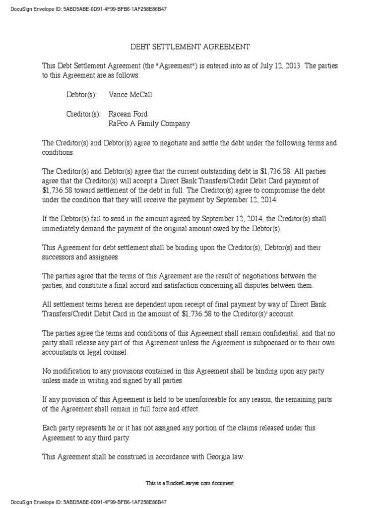 My Debt Settlement Agreement | PDF | Payments | Debtor
