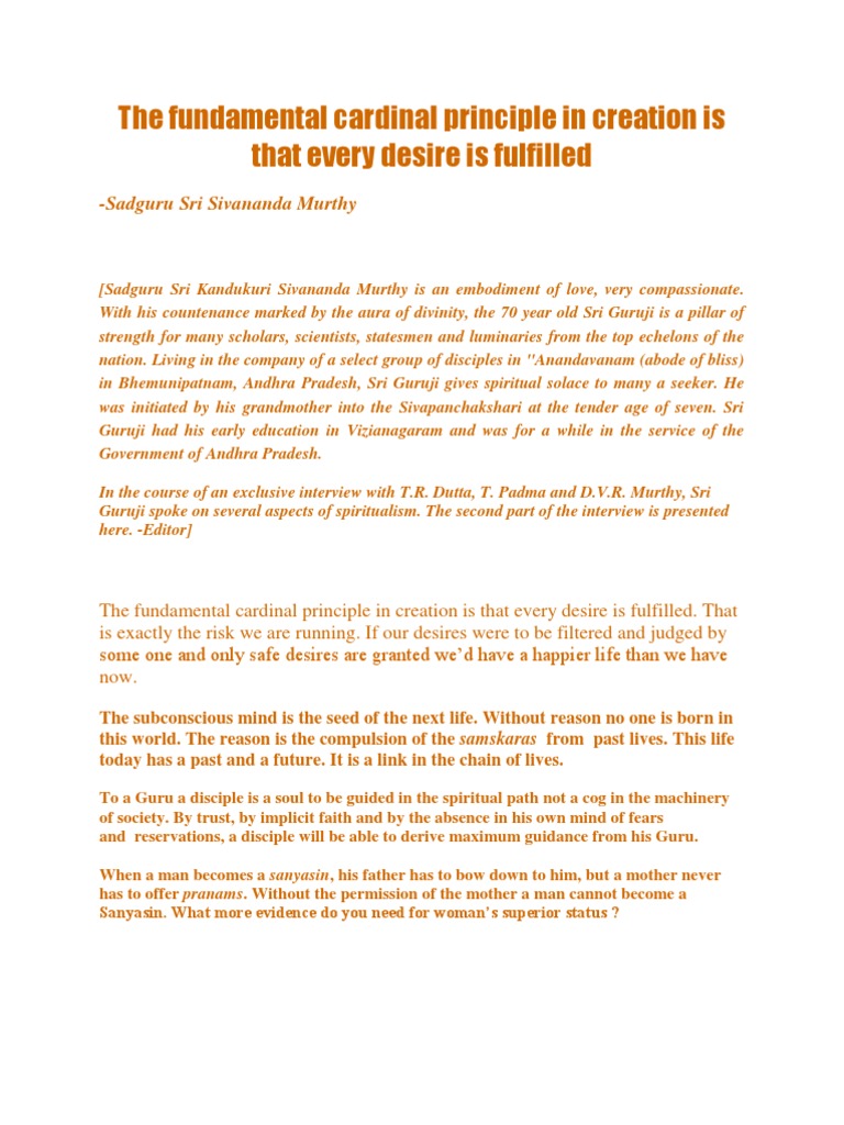 The Fundamental Cardinal Principle in Creation Is That Every Desire Is ...