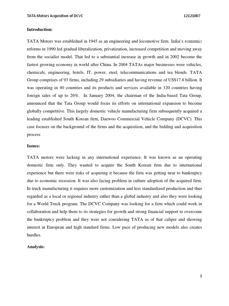 Tata Motors DCVC | PDF | Mergers And Acquisitions | Strategic Management