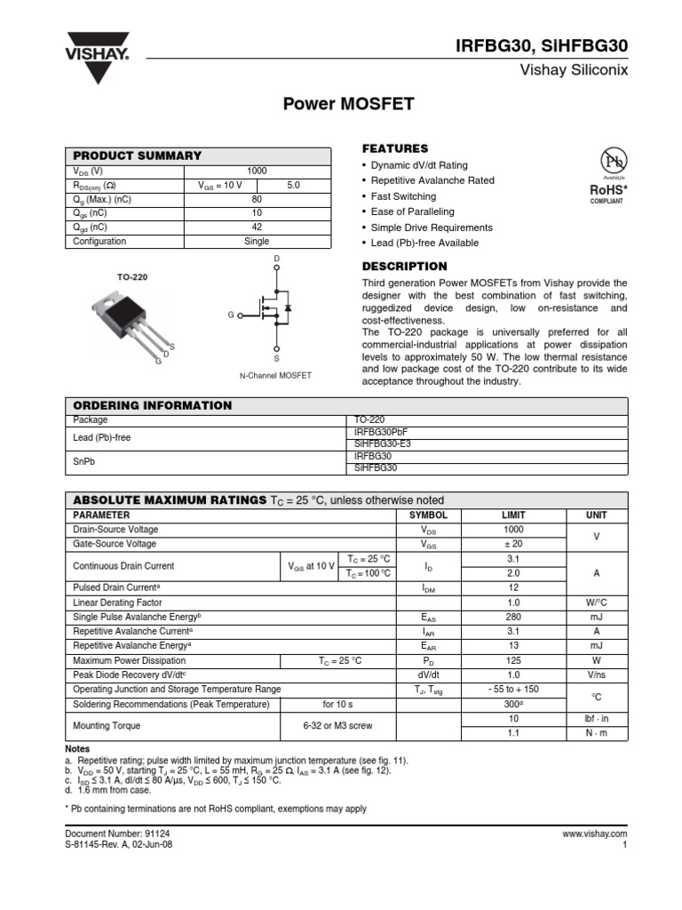 IRFBG30 | PDF | Diode | Mosfet