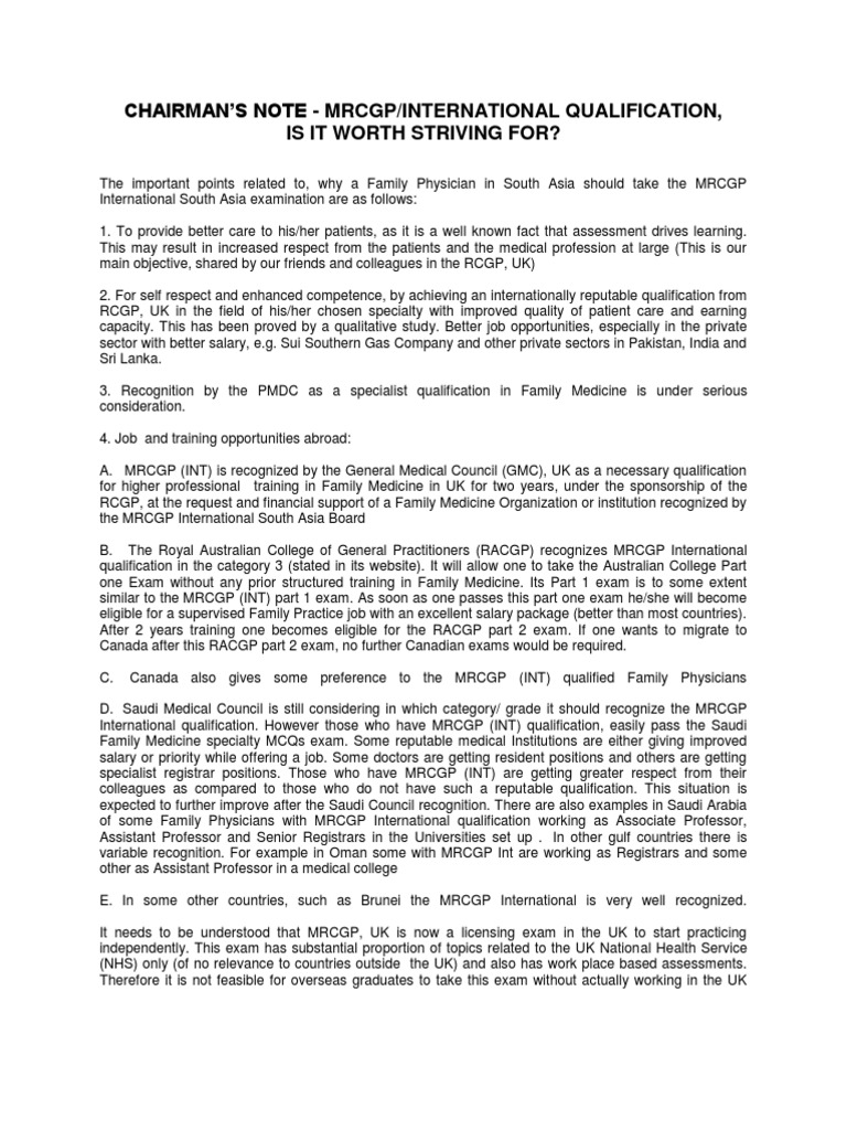 Chairman's Note-MRCGP INT | PDF | General Practitioner | Specialty ...
