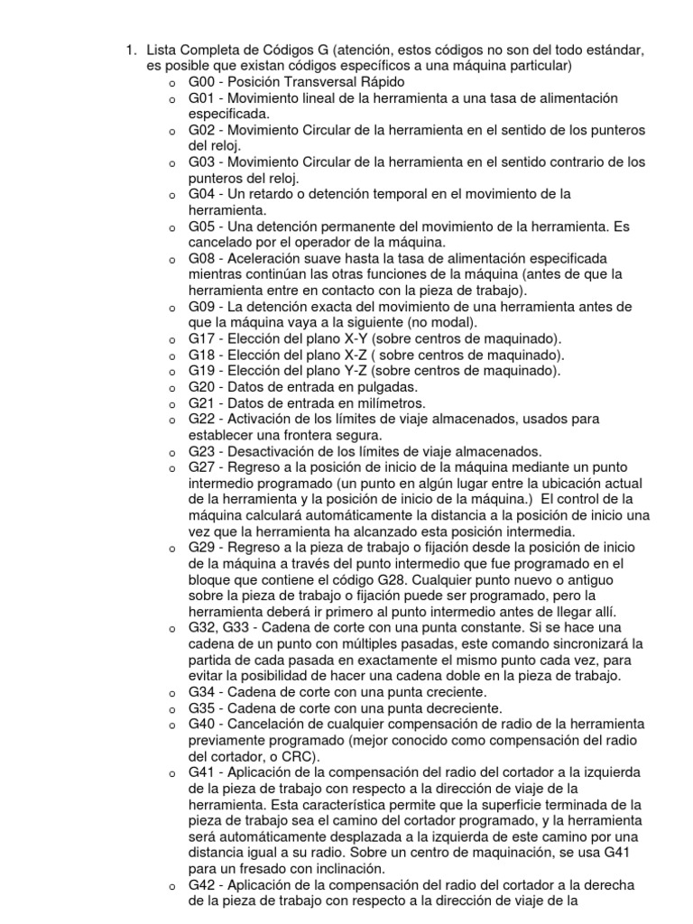 Lista Completa de Códigos G | PDF | Herramientas | Movimiento (física)