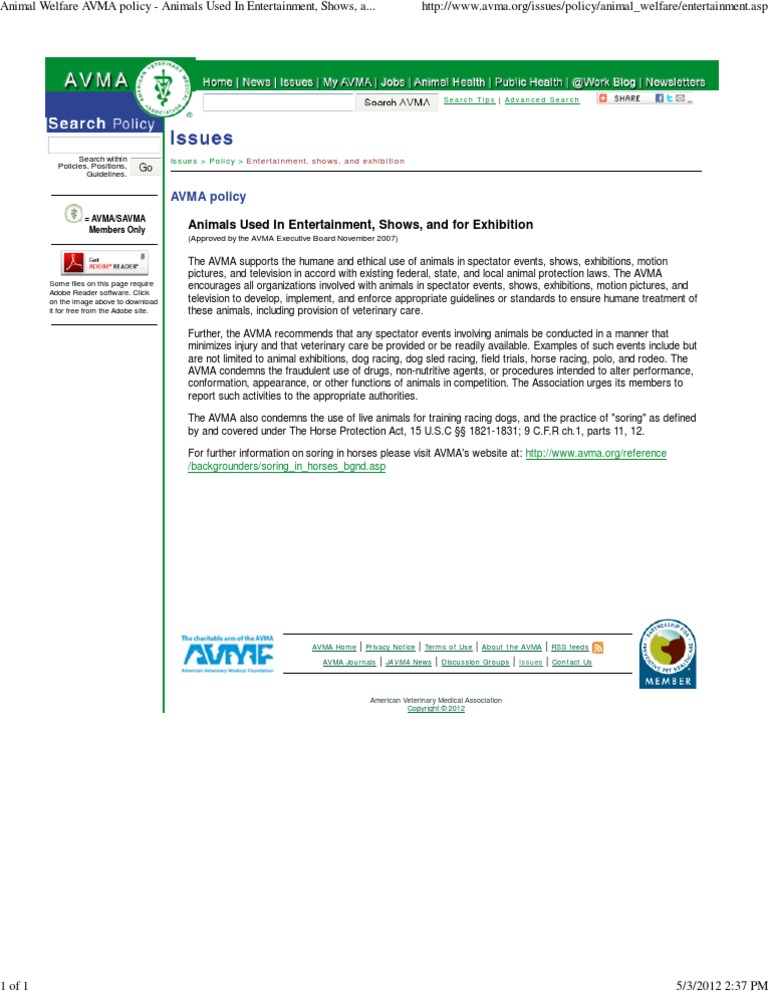 Animal Welfare AVMA Policy - Animals Used in Entertainment, Shows, and ...