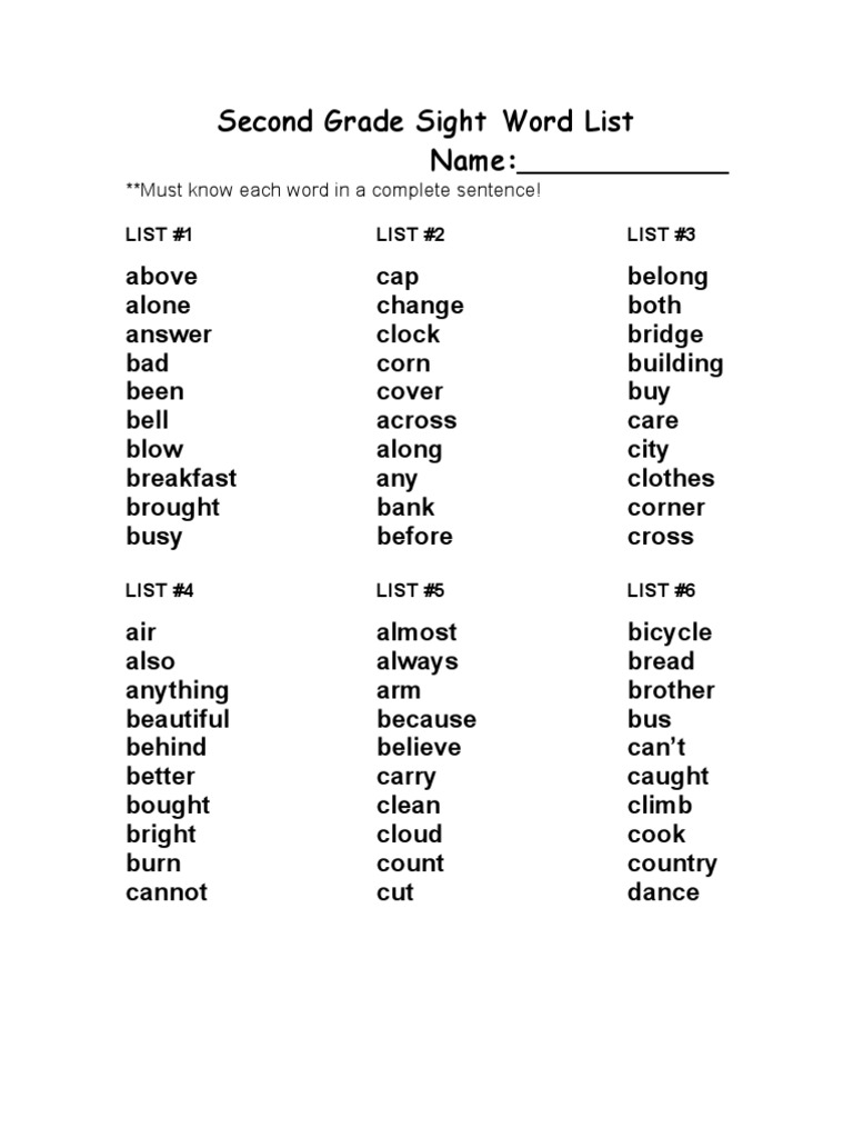 Second Grade Site Words