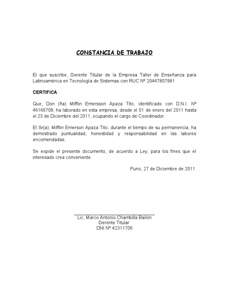 Constacia de Trabajo | PDF