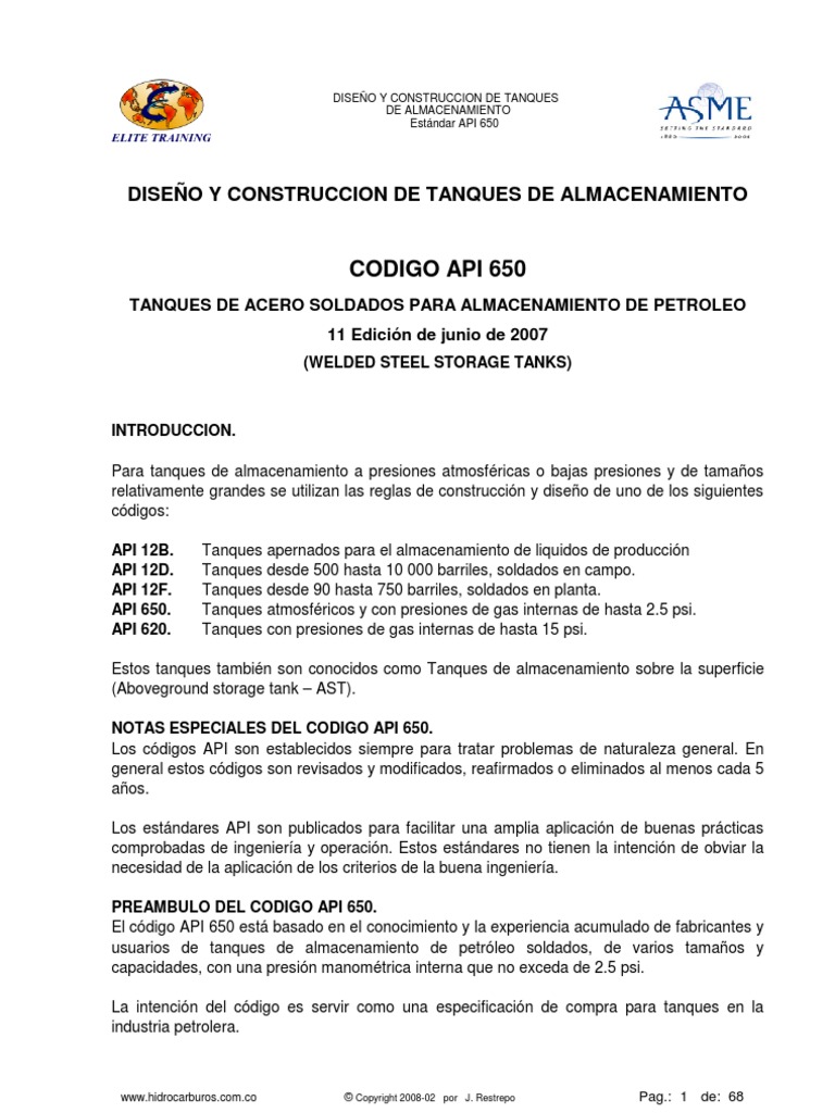 Archivo 1 Curso API 650 Ed 11 A4 r2008-02 Logo Asme Elite 20 | PDF ...