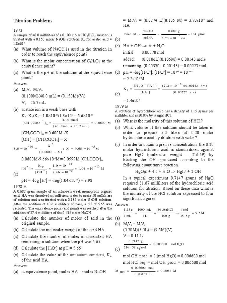 Titration Problems Ap Chemistry Pdf Titration Chemistry