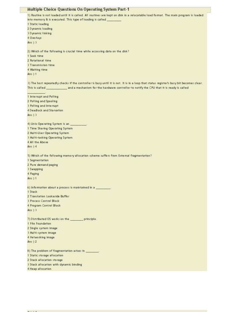 Multiple Choice Questions On Operating System Part | PDF | Scheduling (Computing) | Process ...