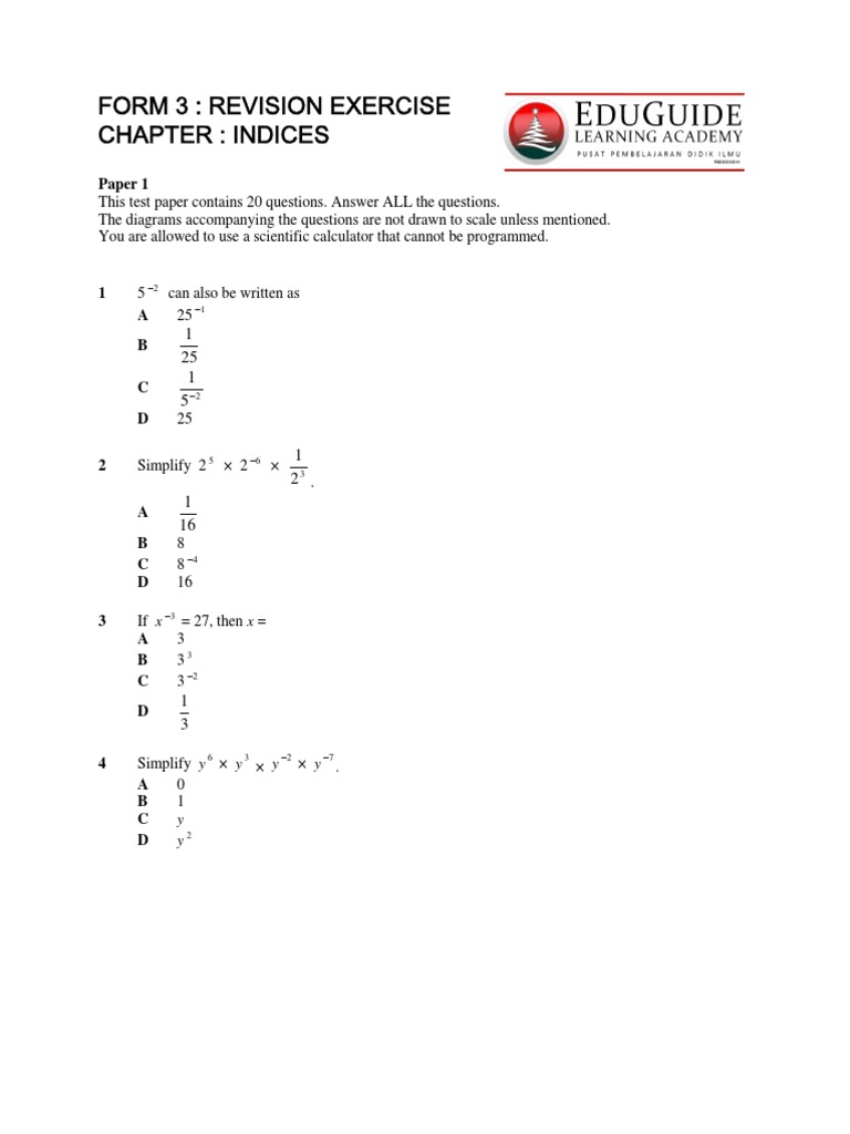Form 3: Revision Exercise Chapter: Indices | PDF | Chess | Teaching ...