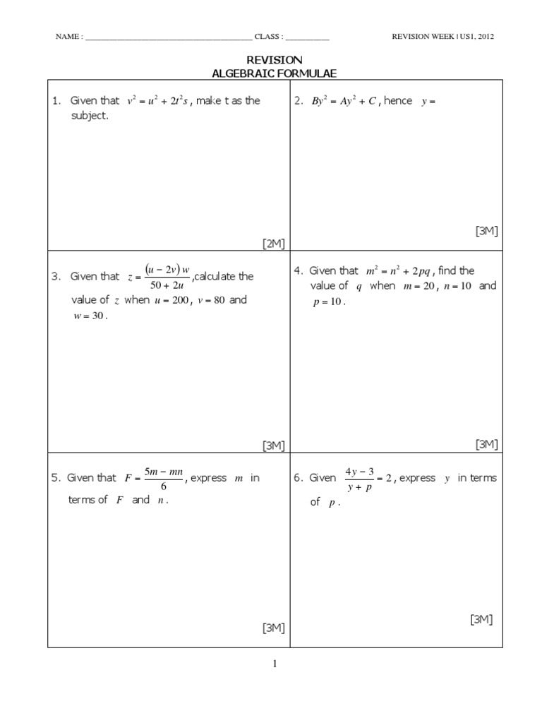Algebraic Formulae Revision Exercises | PDF