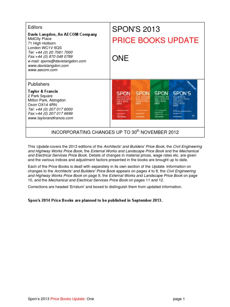 Price Books Update: SPON'S 2013 | PDF | Index (Economics) | Apprenticeship